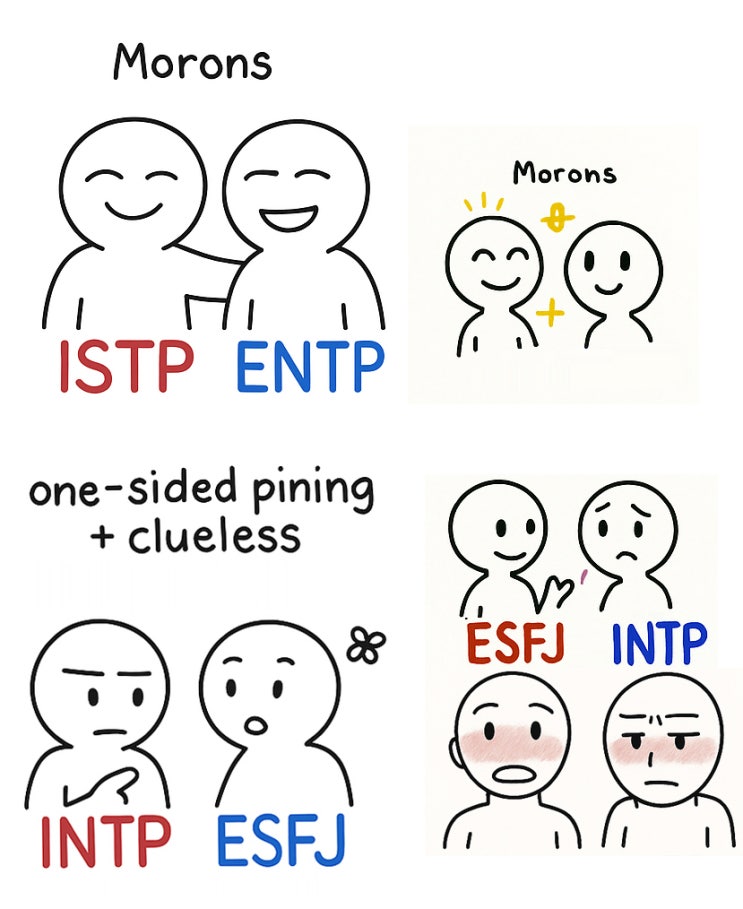 영어밈 One-sided pining+clueless INTP, ESFJ조합 & MBTI 궁합 최애 케미 ISTP, ENTP ...