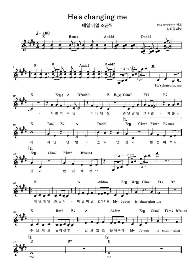 [찬양 악보] 매일 매일 조금씩 (He's changing me) - FIA ver. E : 네이버 블로그