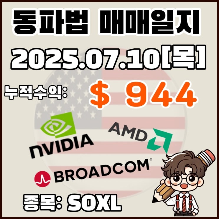 동파법)미국주식 매매일지 2025.07.10(목) 누적수익 +$944 (SOXL) : 네이버 블로그