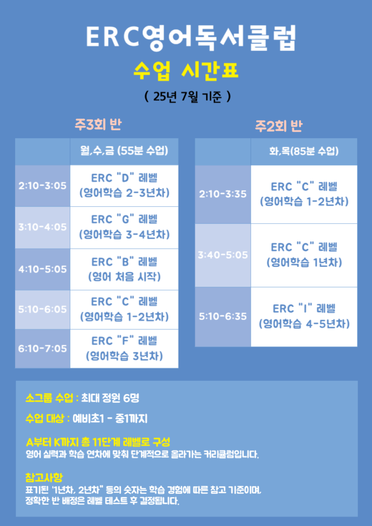 ERC 태전한아람점 2025년 수업 시간표 및 커리큘럼 안내 : 네이버 블로그
