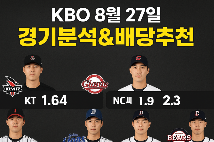 KBO 8월 27일 경기분석｜KT vs 롯데, LG vs NC, 삼성 vs 두산 경기 예측 & 배당 추천 조합 공개 : 네이버 블로그