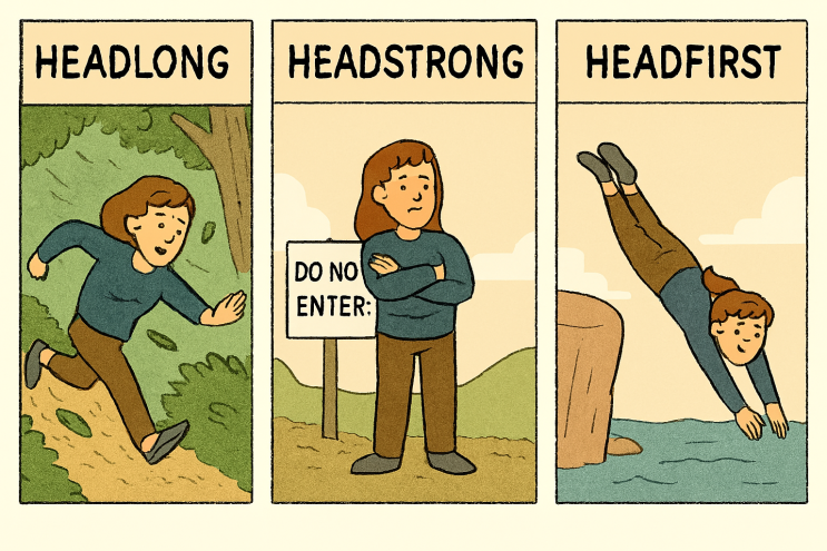 headlong, headstrong, headfirst 뜻, 차이, 예문 : 네이버 블로그