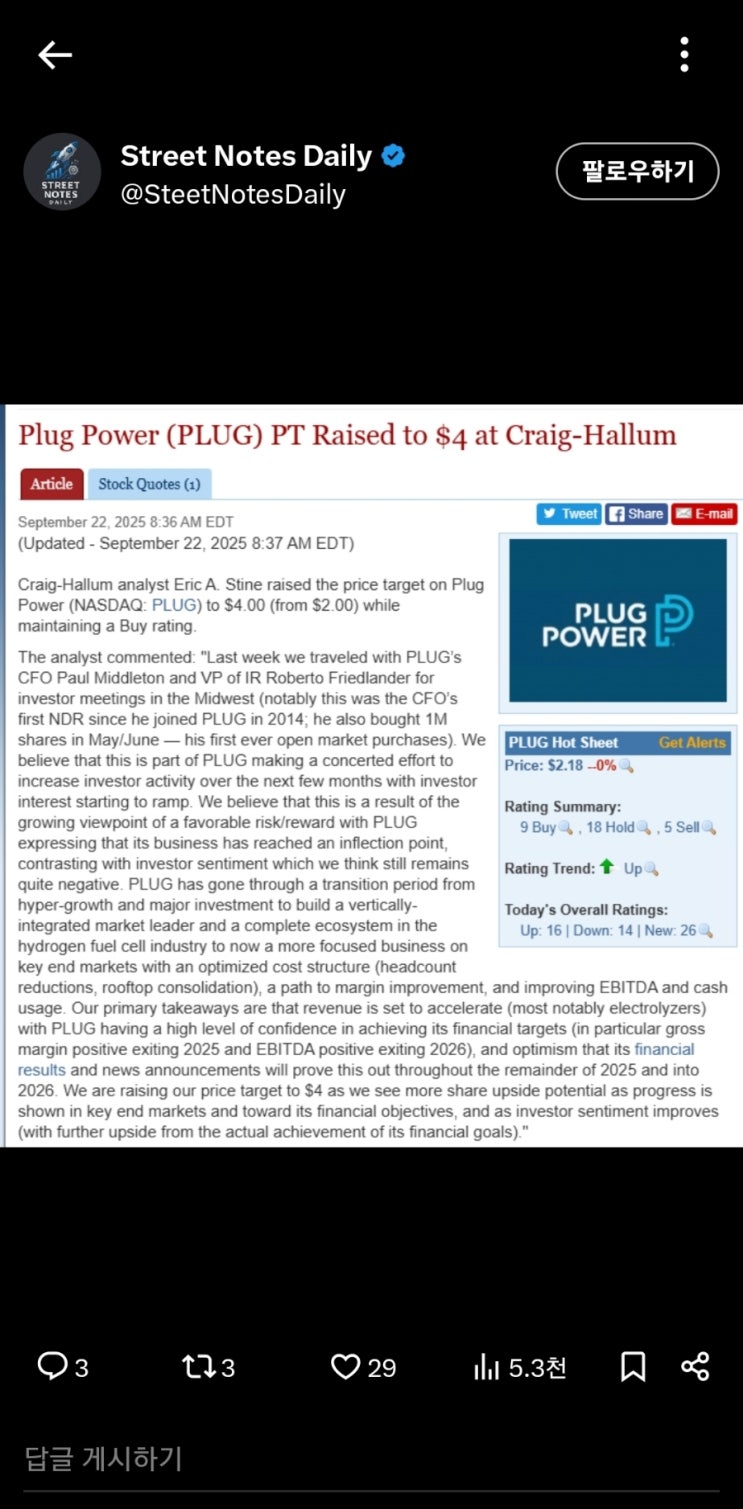 plug power 목표가 $4 Craig hallum / cfo 100만주 매수 : 네이버 블로그