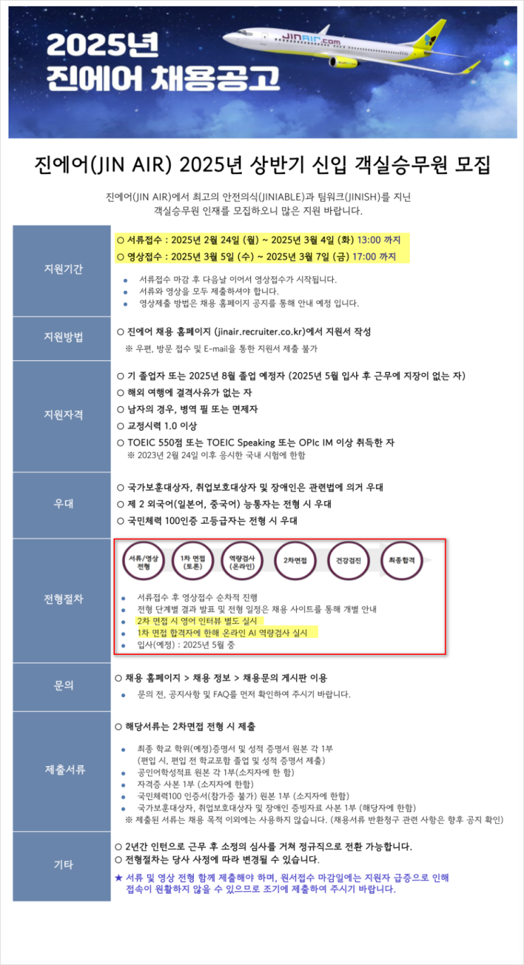 진에어 진에어2025상반기 객실 승무원 채용 소식 서류영상전형 역량검사영어인터뷰 별도 실시 합격준비클래스 오픈 네이버 블로그