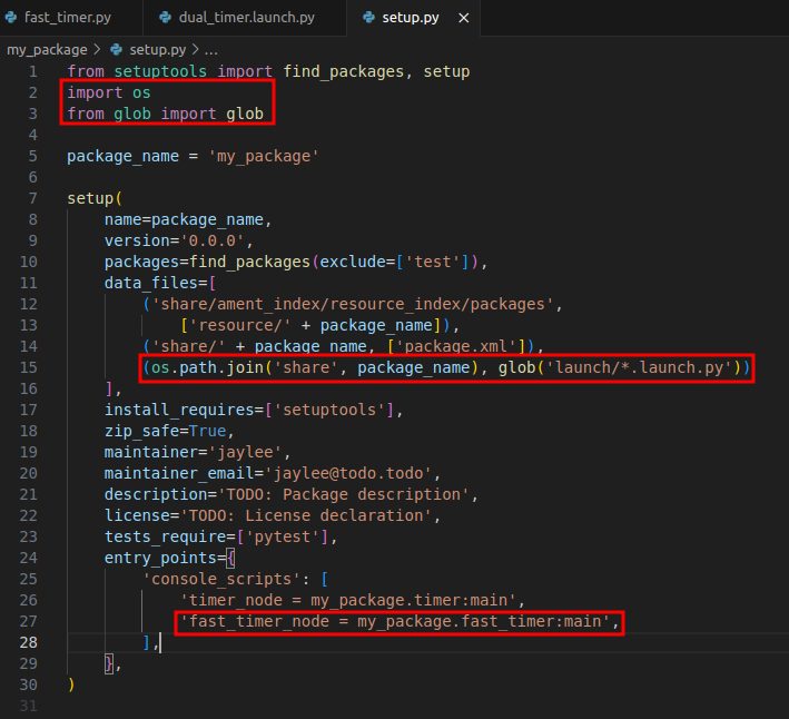 ROS2 강의(19) Launch Python 런치 파일 생성 setup.py yaml xml data_files entry ...