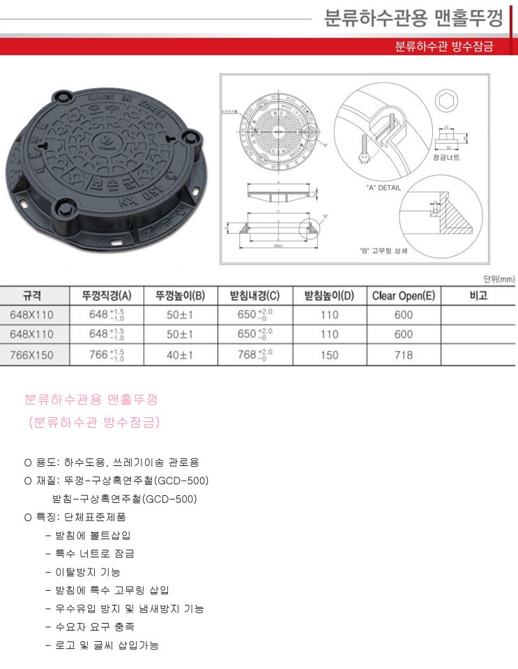 방수잠금주철맨홀 - 종류 규격 및 용도, 친환경 건축토목자재 주문생산 납품문의, 시공사례, 단체표준, 분류하수관용 맨홀뚜껑 ...