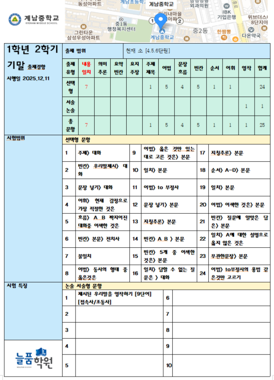 [부천영어학원]2025년 계남중1 부명중1. 부천동중1 2학기 기말 영어 정리 : 네이버 블로그