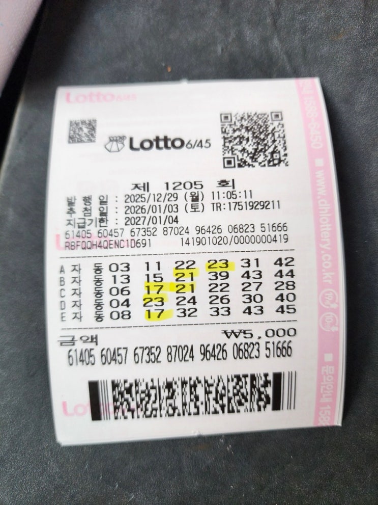 아래는 제1205회 로또 6/45 실물 구매 인증 이미지를 기반으로 한 : 네이버 블로그