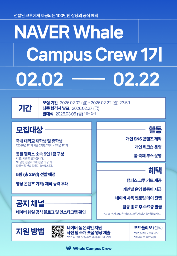 [네이버 웨일] 2026년도 상반기 'NAVER Whale Campus Crew' 1기 모집 (~2/22) : 네이버 블로그